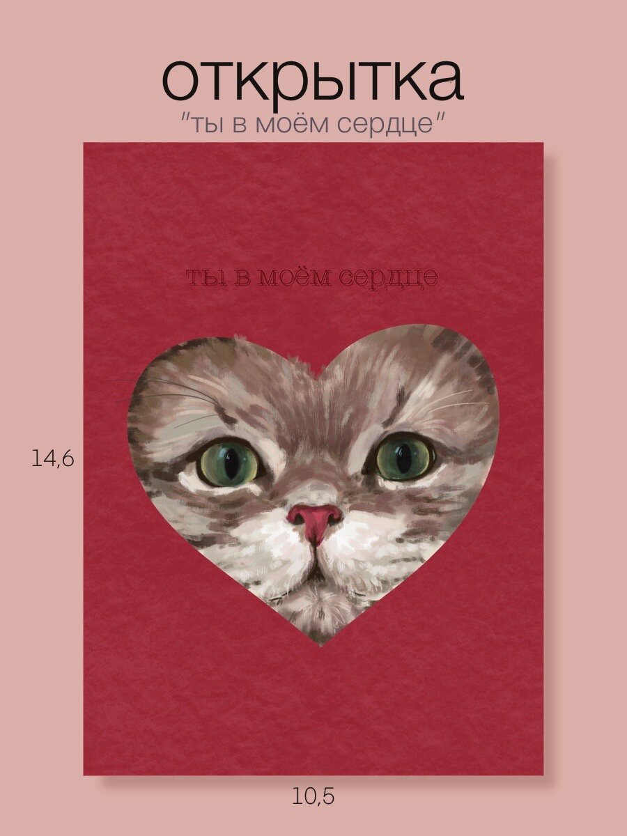 Милая открытка с котиком ‘Ты в моём сердце’, 10.5х14.6 / о любви