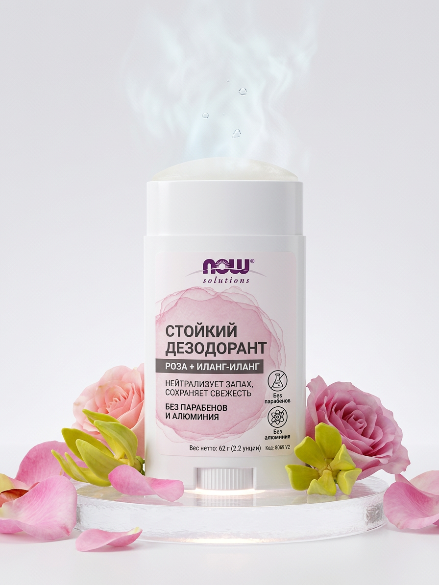 Дезодорант NOW Foods Solutions, роза иланг-иланг, без отдушек, 62г