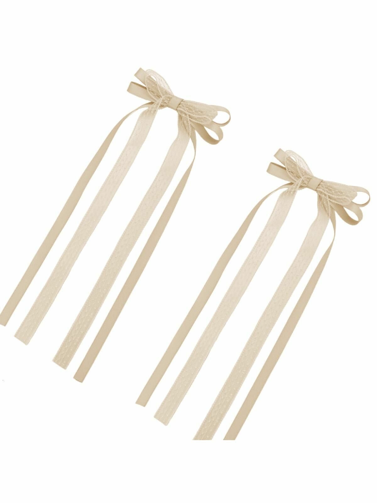 2 кружевных бантика, ленточки, заколки для волос-темно-белые