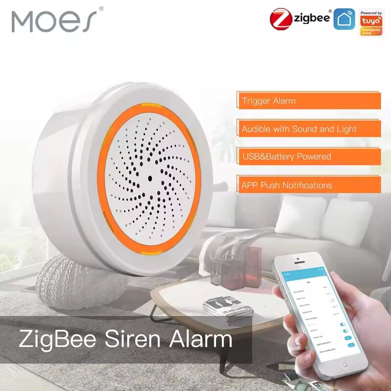 Датчик звукового и светового сирены MOES Tuya ZigBee Smart Sound and Light Siren 90дБ, система безопасности дома Smart Life Siren, концентратор шлюза Tuya, используется с версией Alexa-Zigbee