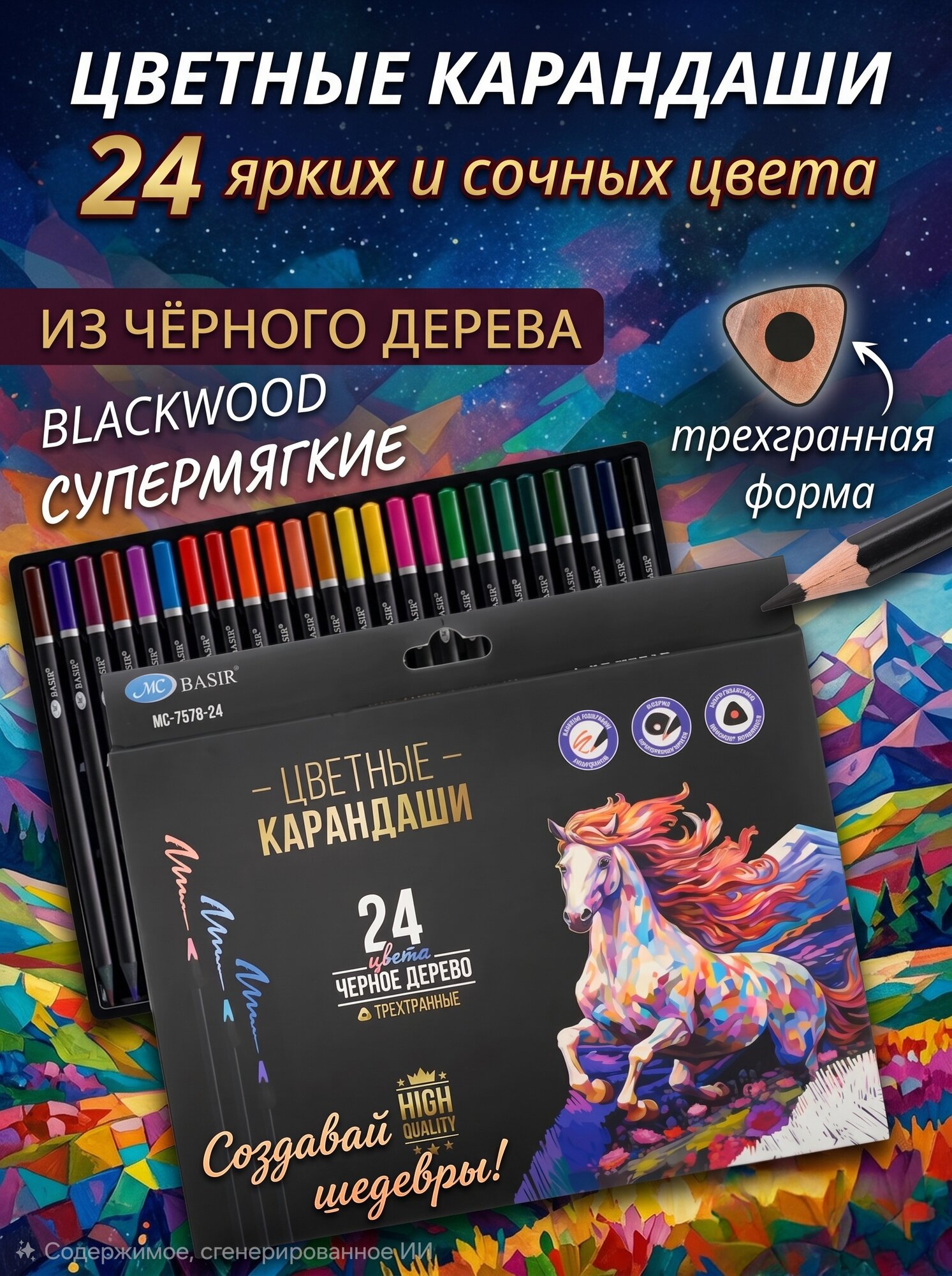 Цветные карандаши мягкие набор для рисования 24 шт.