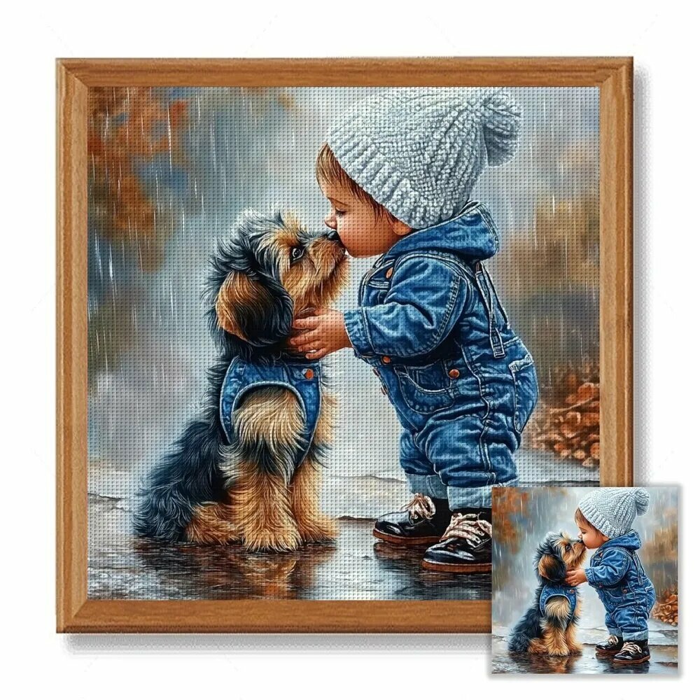 1 бескаркасная 14CT крестовая вышивка 40 * 40cm / 15.7 * 15.7 in, поцелуй щенка и мальчика, 26 оттенков с иголками, нитками, чертежами, холстом.