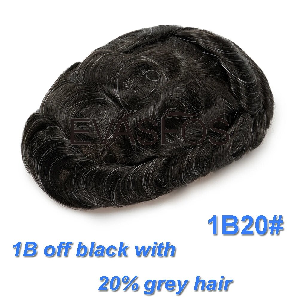 Мужской парик EVASFOS 1B20# с 20% сединой, 7х9, 130%