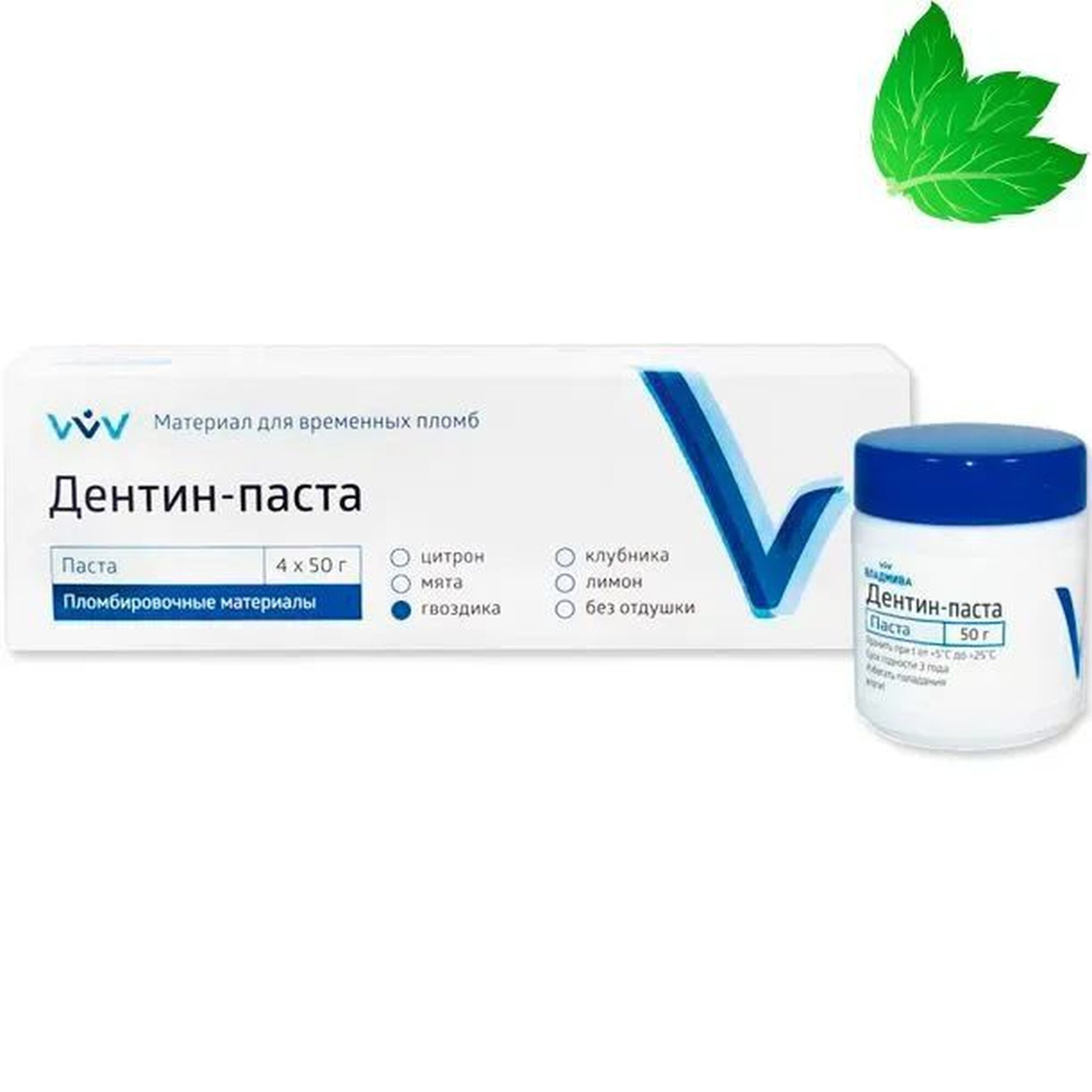 Дентин-паста ВладМиВа (мята), цинк-сульфатный цемент для временных пломб, 50 г