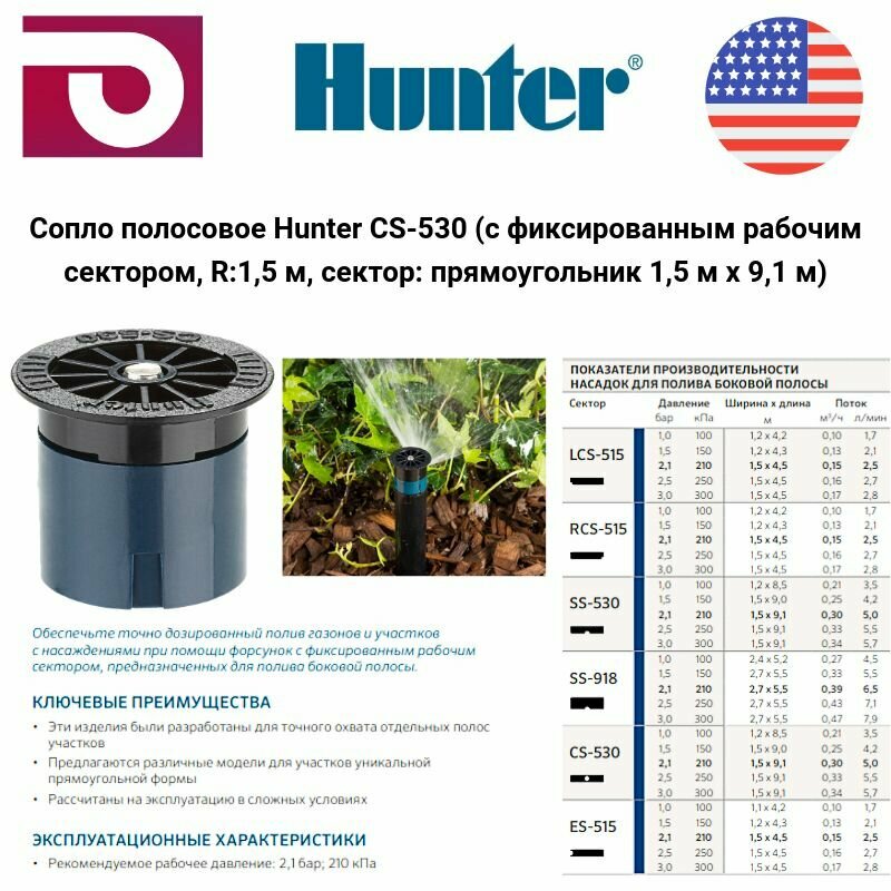 Комплект: сопло полосовое Hunter CS-530 (R:1,5 м, сектор: прямоугольник 1,5 м x 9,1 м) - 2 шт, CS-530-2