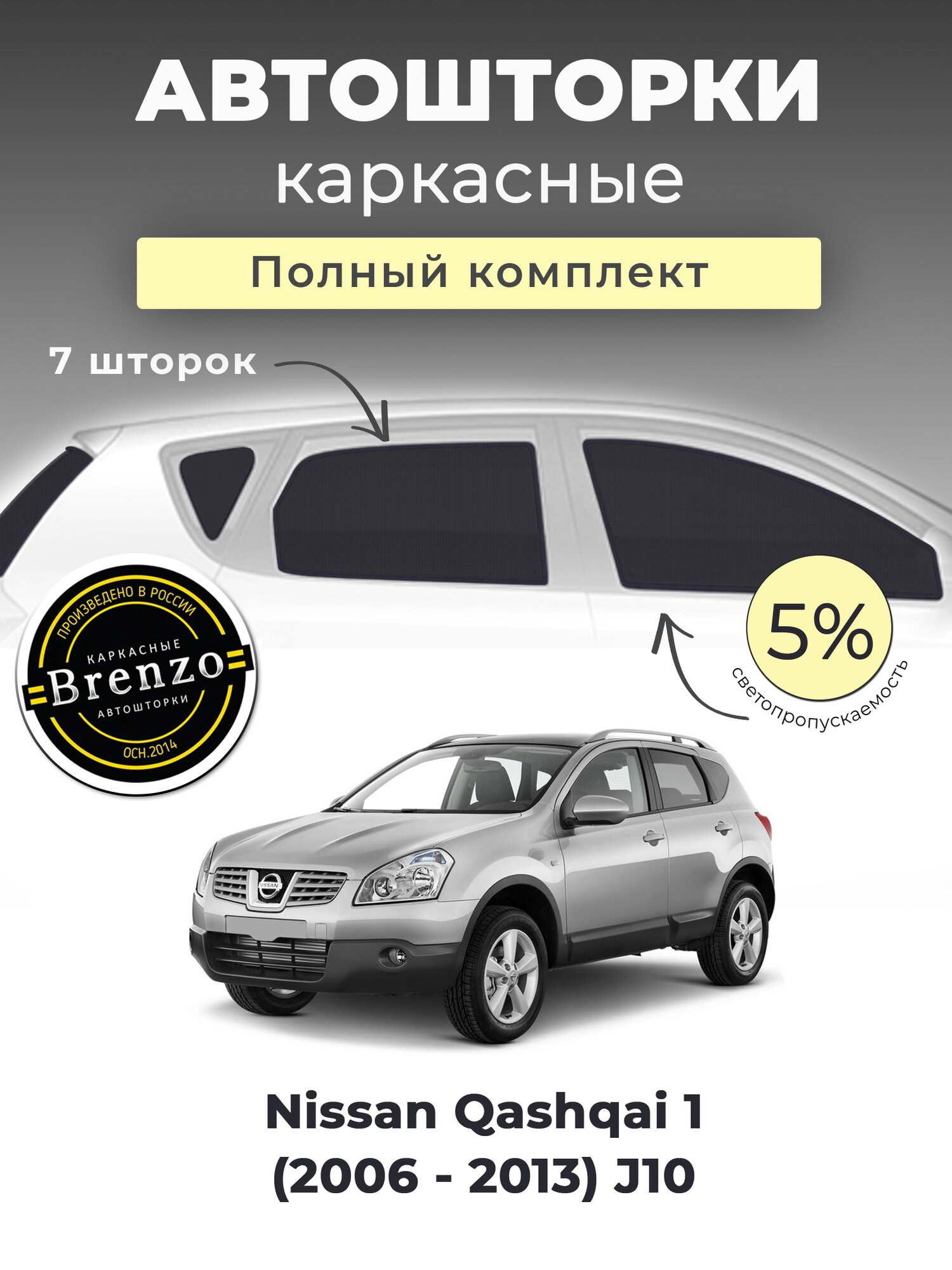 Каркасные шторки Nissan Qashqai 1 (2006 - 2013) J10 полный комплект 5%, сетки от солнца в машину