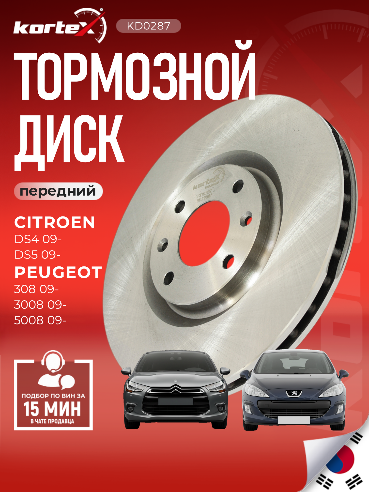 Диск тормозной Kortex для CITROEN DS4 / DS5 / PEUGEOT 308 / 3008 / 5008 09- передний вентилируемый(d-302mm)