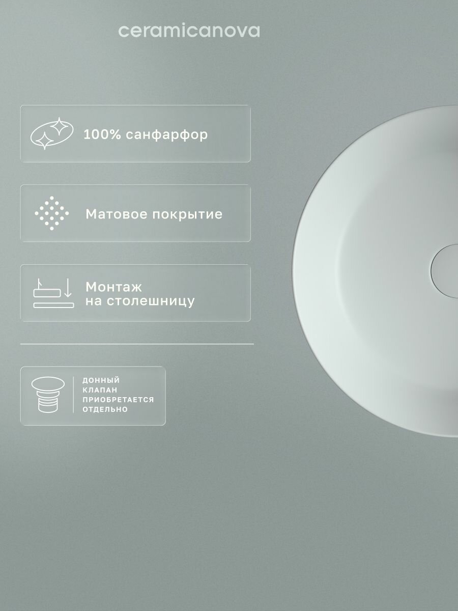Раковина накладная для ванной Ceramicanova Element CN6022MW, круглая, 39×39×12 см, белый фарфор — фото 1