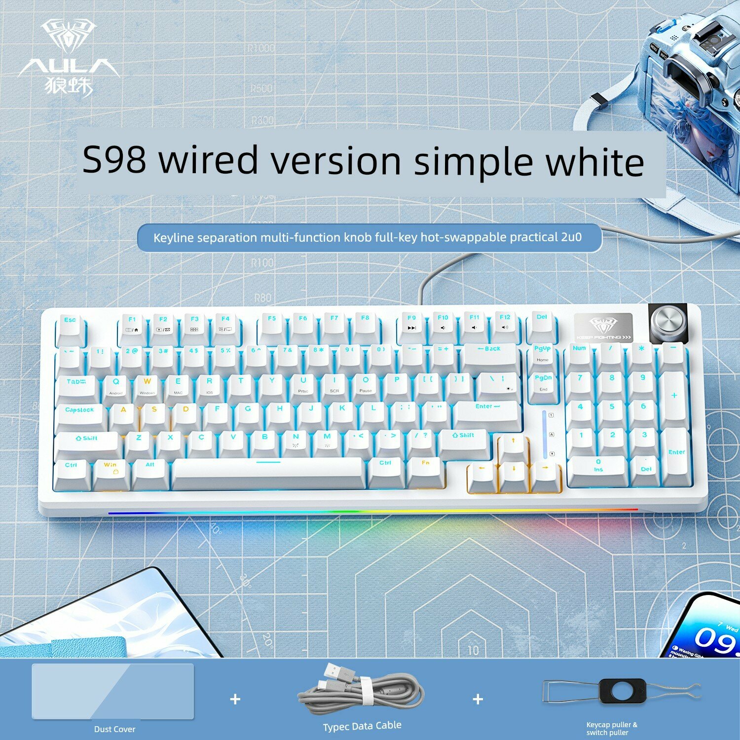 Механическая клавиатура Wolf Spider S98, беспроводная, с боковой гравировкой, контурным дизайном, с возможностью