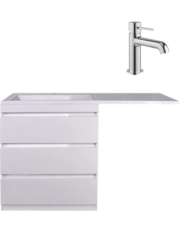 Тумба с раковиной Style Line Даллас 140 под стиральную машину, напольная, 140,2 см, белая, глянцевая, из МДФ, с ящиками, раковина для ванной, из искусственного камня, прямоугольная