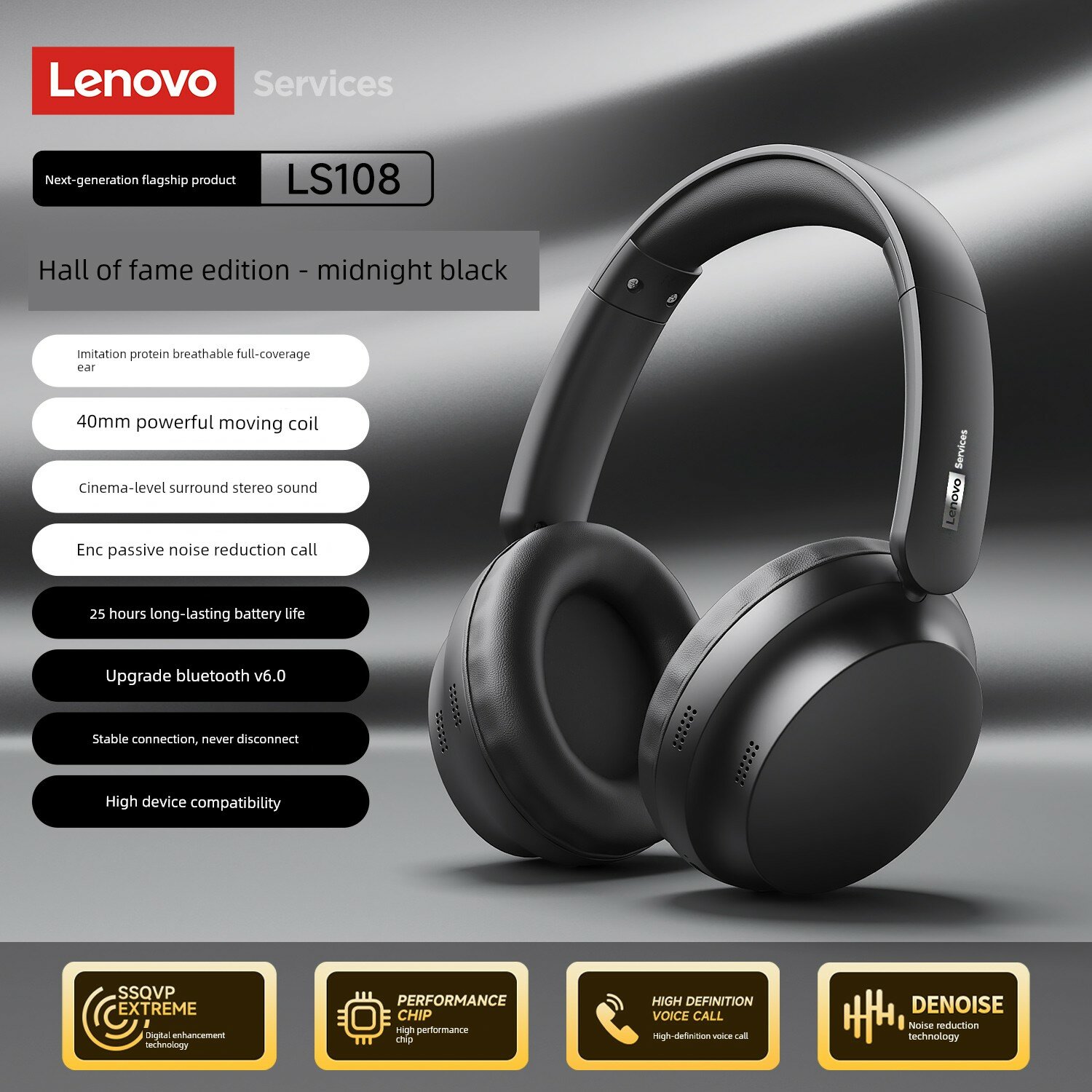 Lenovo LS108 беспроводная игровая гарнитура: 25 часов автономной работы, шумоподавление ENC, драйверы 40 мм - Ночной