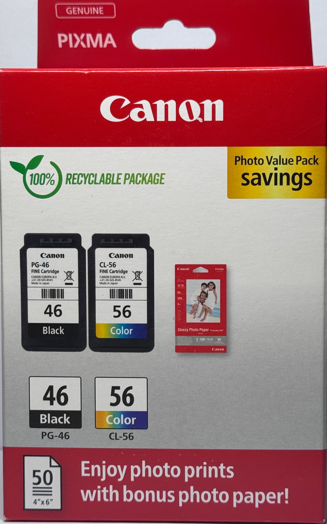 Комплект картриджей для струйных принтеров Canon 46/56 + Canon glossy photo paper 50 sheets 10x15 cm