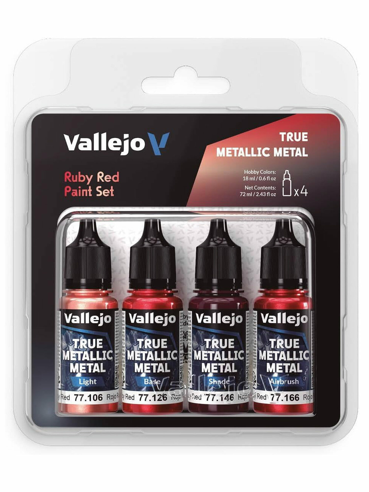 Набор акриловых красок Vallejo серии True Metallic Metal - Ruby Red Paint Set 77254, 4 шт по 18 мл