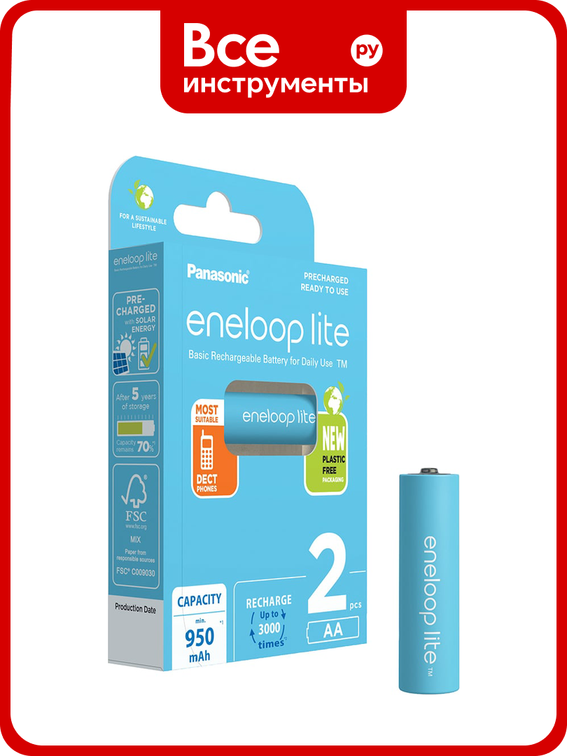 Аккумуляторы Panasonic eneloop lite BK-3LCCE/2BE AA R6 перезаряжаемые Ni‑MH с низким саморасходом для цифровой техники