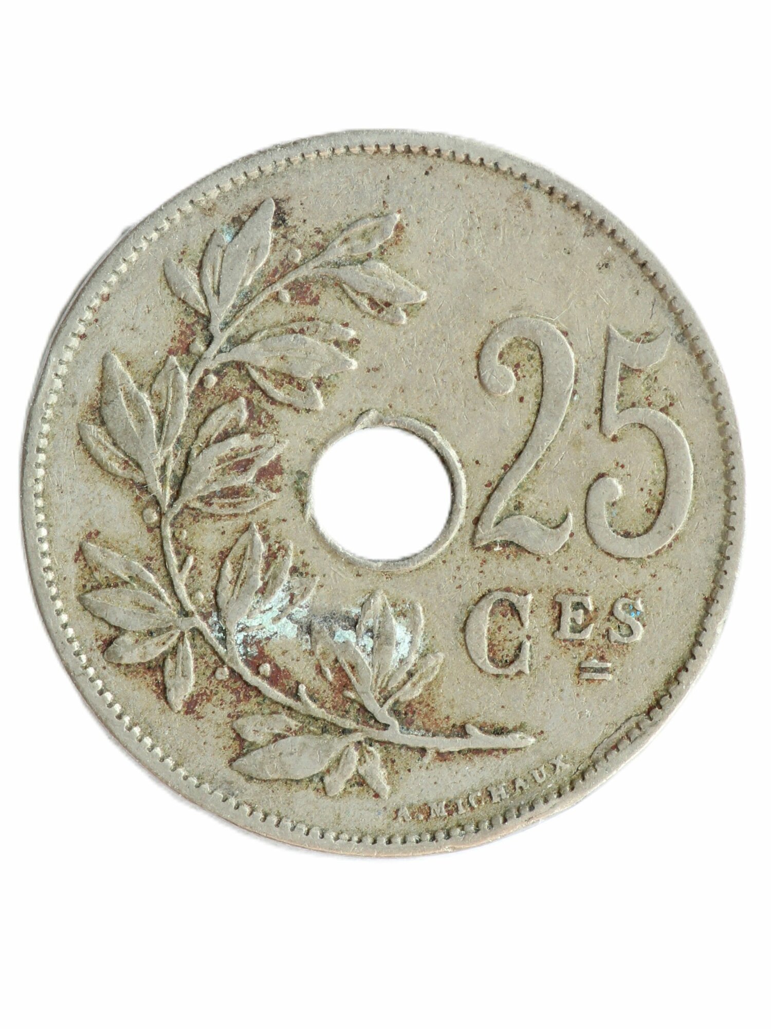 Подлинная монета Бельгии 25 сантимов 1909 года BELGIQUE