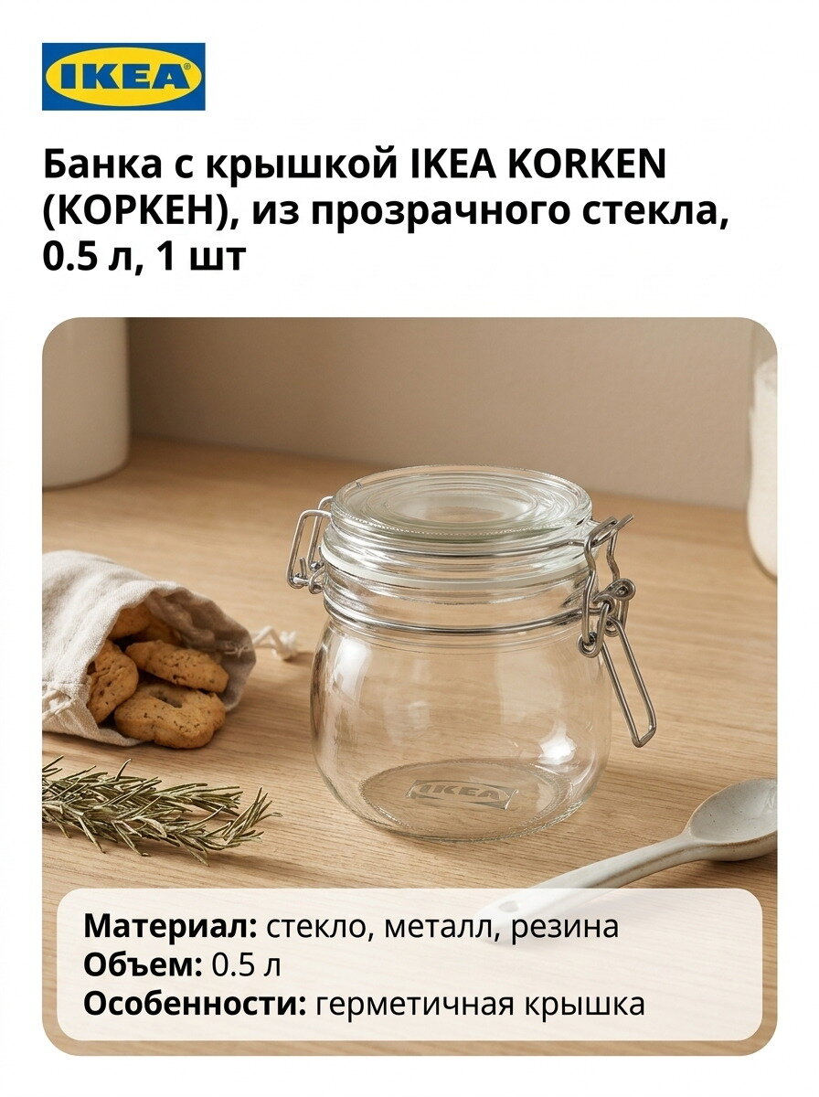Банка с крышкой IKEA KORKEN (коркен), из прозрачного стекла, 0.5 л, 1 шт