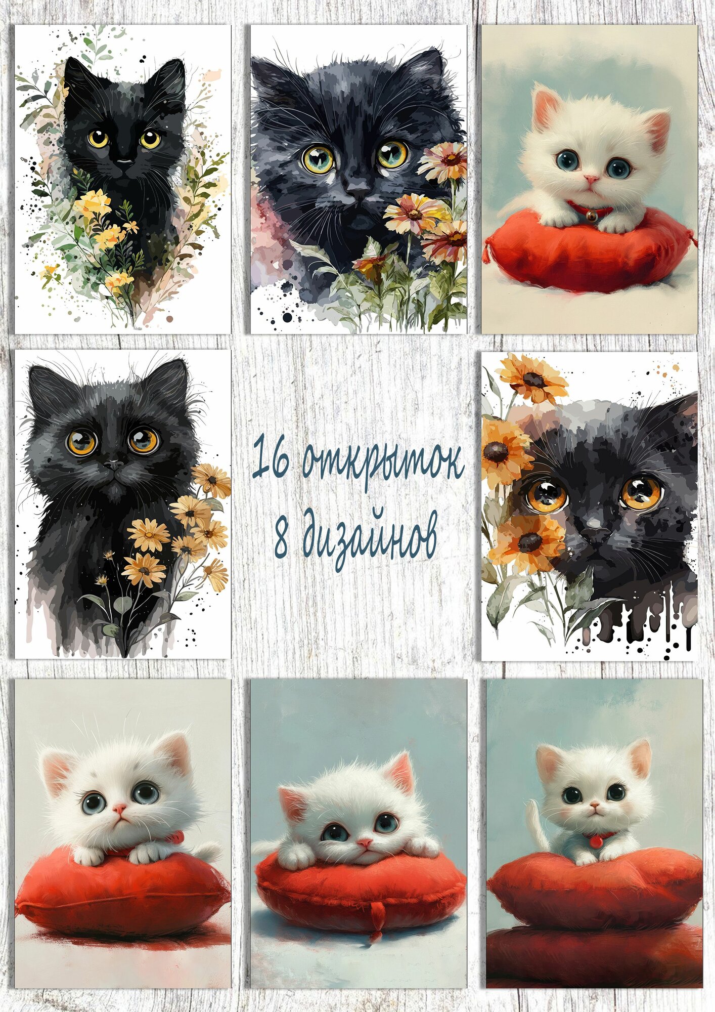 Открытки Котики, 16 штук