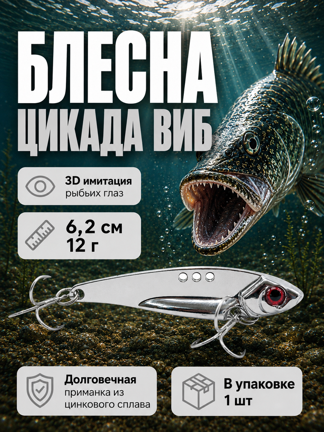 Рыболовная металлическая вибрационная виб-приманка VIB, блесна цикада, тонущая для дальнего заброса, для морской и пресноводной рыбалки 6,2 см/12 г, серебристая