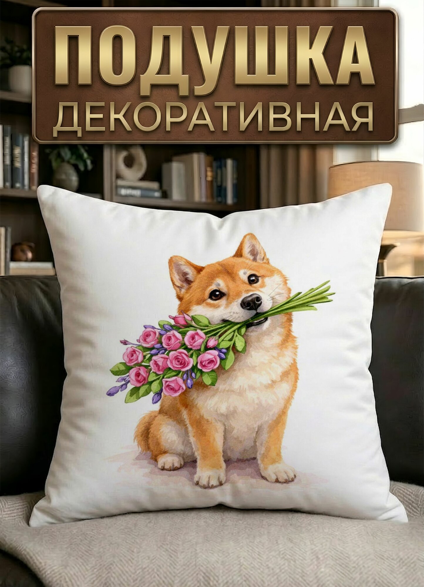 Подушка декоративная Собачка с цветами Сиба-ину