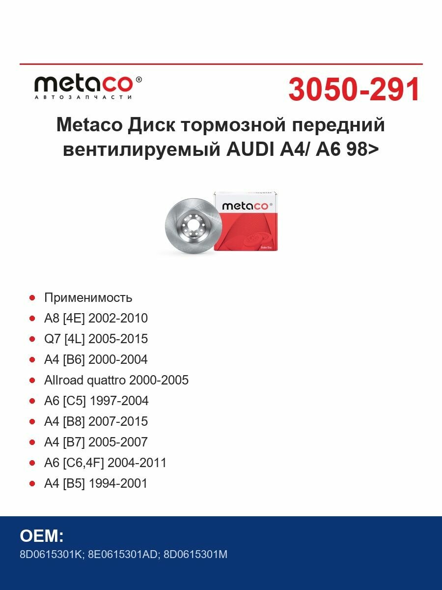 Metaco Диски тормозные передний вентилируемый AUDI A4/ A6 98>