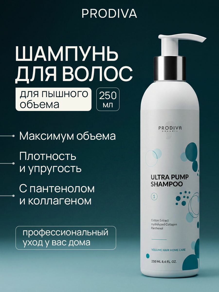 Шампунь для пышного объема и плотности волос Ultra Pump Shampoo с коллагеном и хлопком 250 мл
