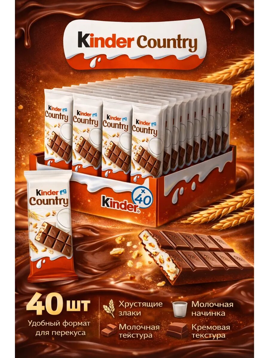Батончики шоколадные Киндер Country 40 штук