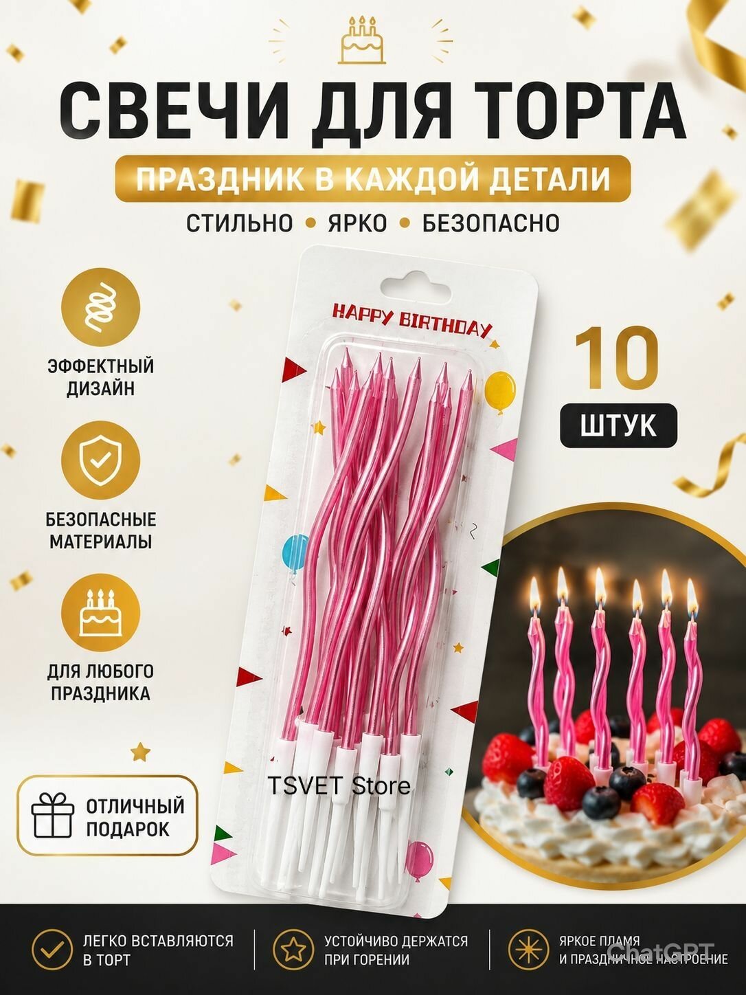 Свечи для торта спиральки волна, 12шт, розовый