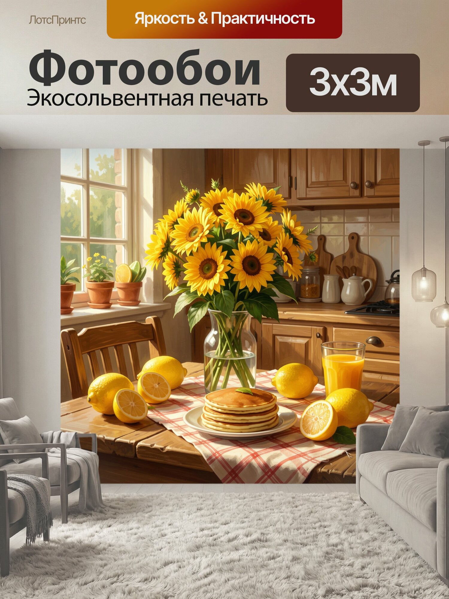 Фотообои "Подсолнухи, лимоны и завтрак. Солнечная кухонная сцена в теплых золотистых тонах: букет ярких жёлтых цветов в стеклянной вазе." 300x300 см. экосольвентная печать