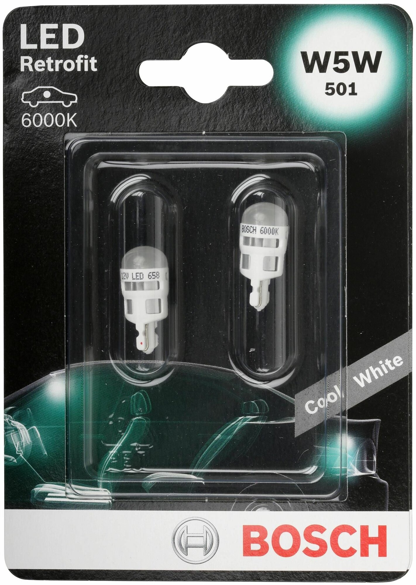 Лампа светодиодная 12V W5W 1W 6000K BOSCH LED RETROFIT COOL 2 шт. блистер 1 987 301 505