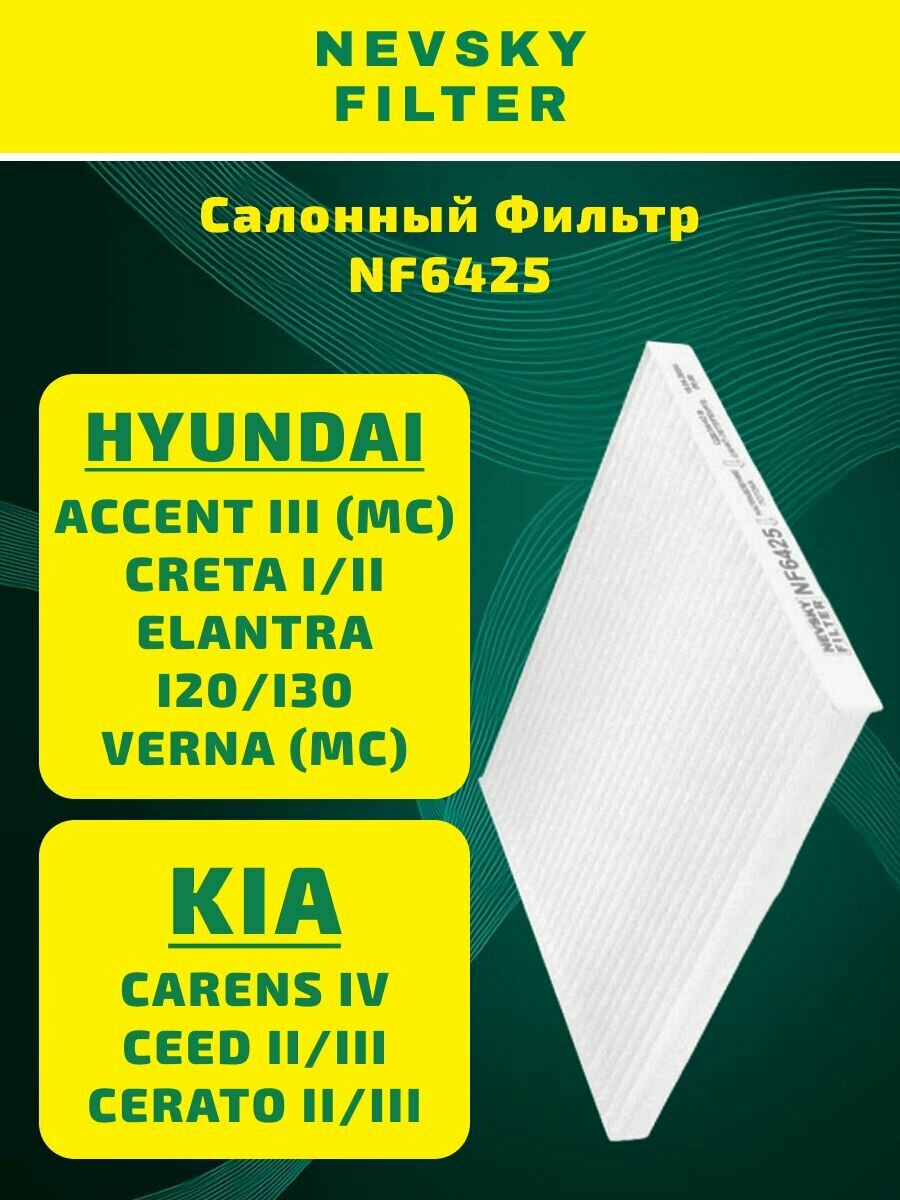 Фильтр салонный NF6425 для Hyundai Хендай Accent Акцент, Creta Крета, Elantra Элантра, i20, i30, VERNA, Kia Киа CARENS, Ceed Сид, Cerato Церато, Seltos Селтос 971332H000