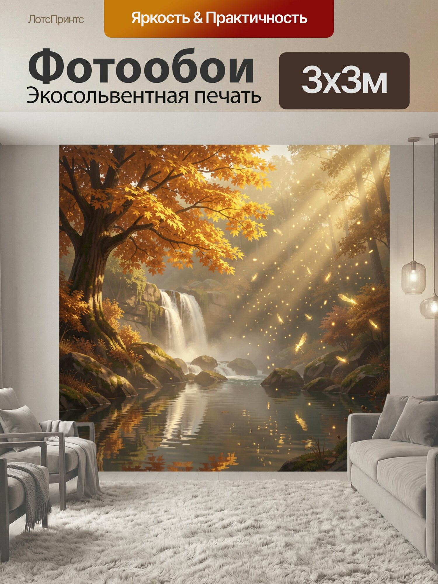 Фотообои "Осенний лесной водопад. Тёплый лесной пейзаж с каскадом среди камней, отражением воды и мягким солнечным туманом. Золотая листва." 300x300 см. экосольвентная печать