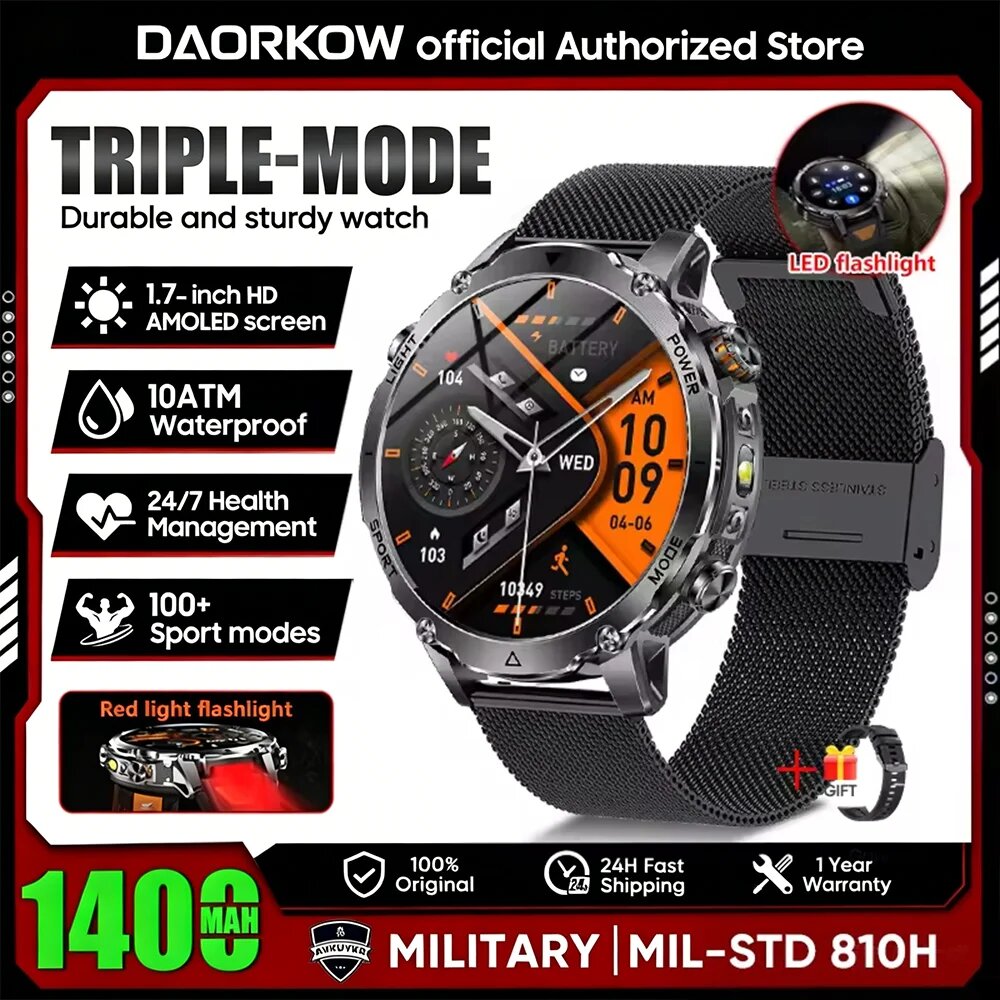 Смарт-часы 2026 Military с AMOLED-экраном 1,7 дюйма Black mesh band