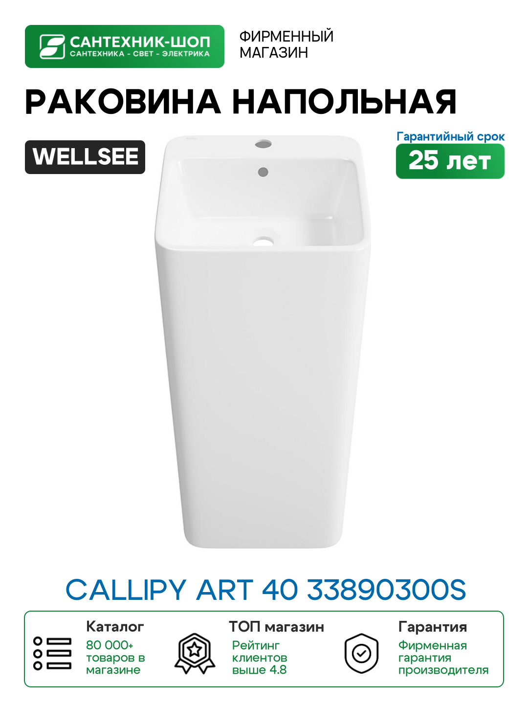 Раковина Wellsee Callipy Art 40 33890300S цвет Белый