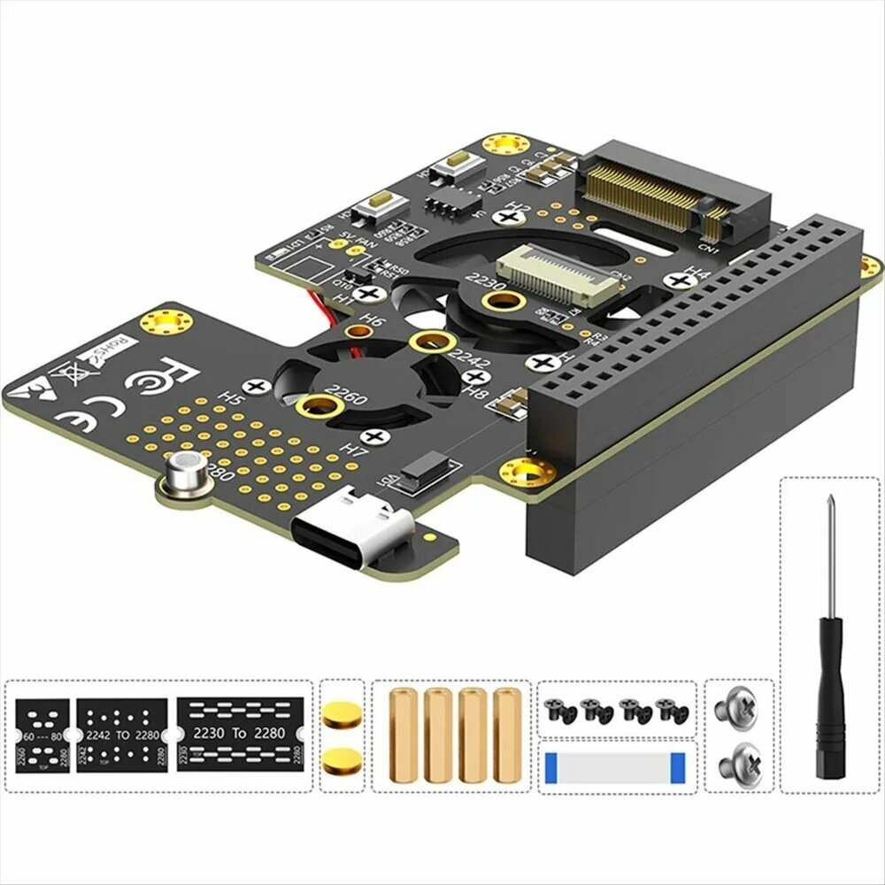 Для Raspberry Pi 5 PCIe На M.2 NVMe SSD HAT С Двумя Вентиляторами Gen2 Gen3