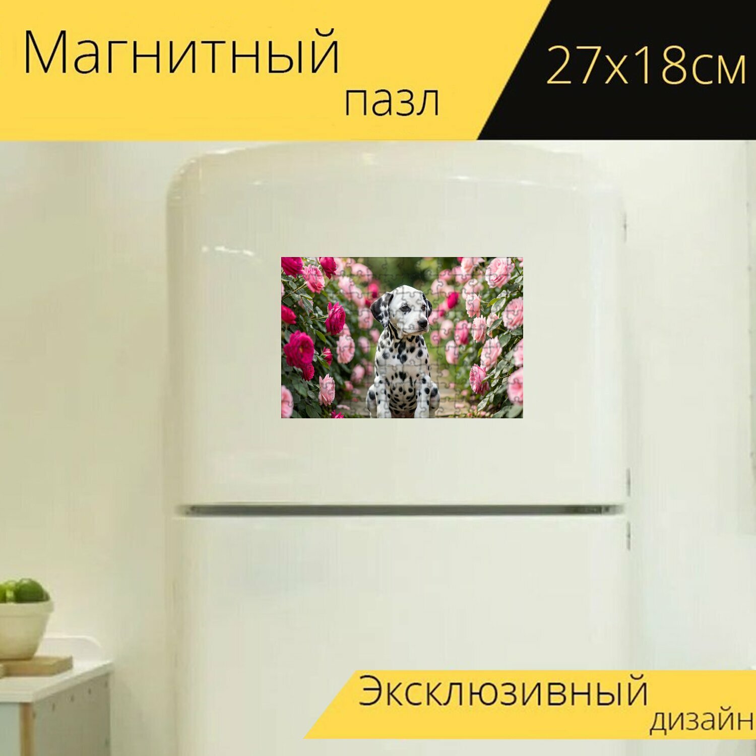 Магнитный пазл "Далматинец среди розовых роз. Милый щенок с пятнистой шерстью сидит на садовой дорожке между цветущими бутонами в оттенках розового и." на холодильник 27 x 18 см.