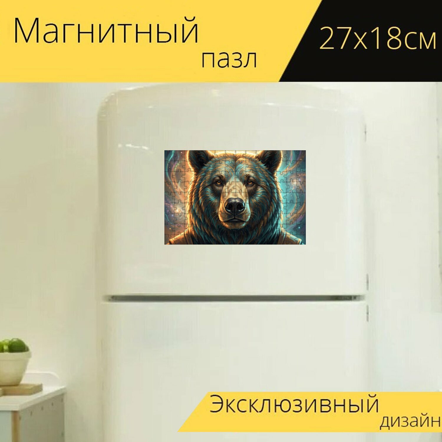 Магнитный пазл "Медведь в космическом сиянии. Футуристический образ бурого зверя с ярким ореолом, на фоне звездного неба и туманностей. Неоновые." на холодильник 27 x 18 см.