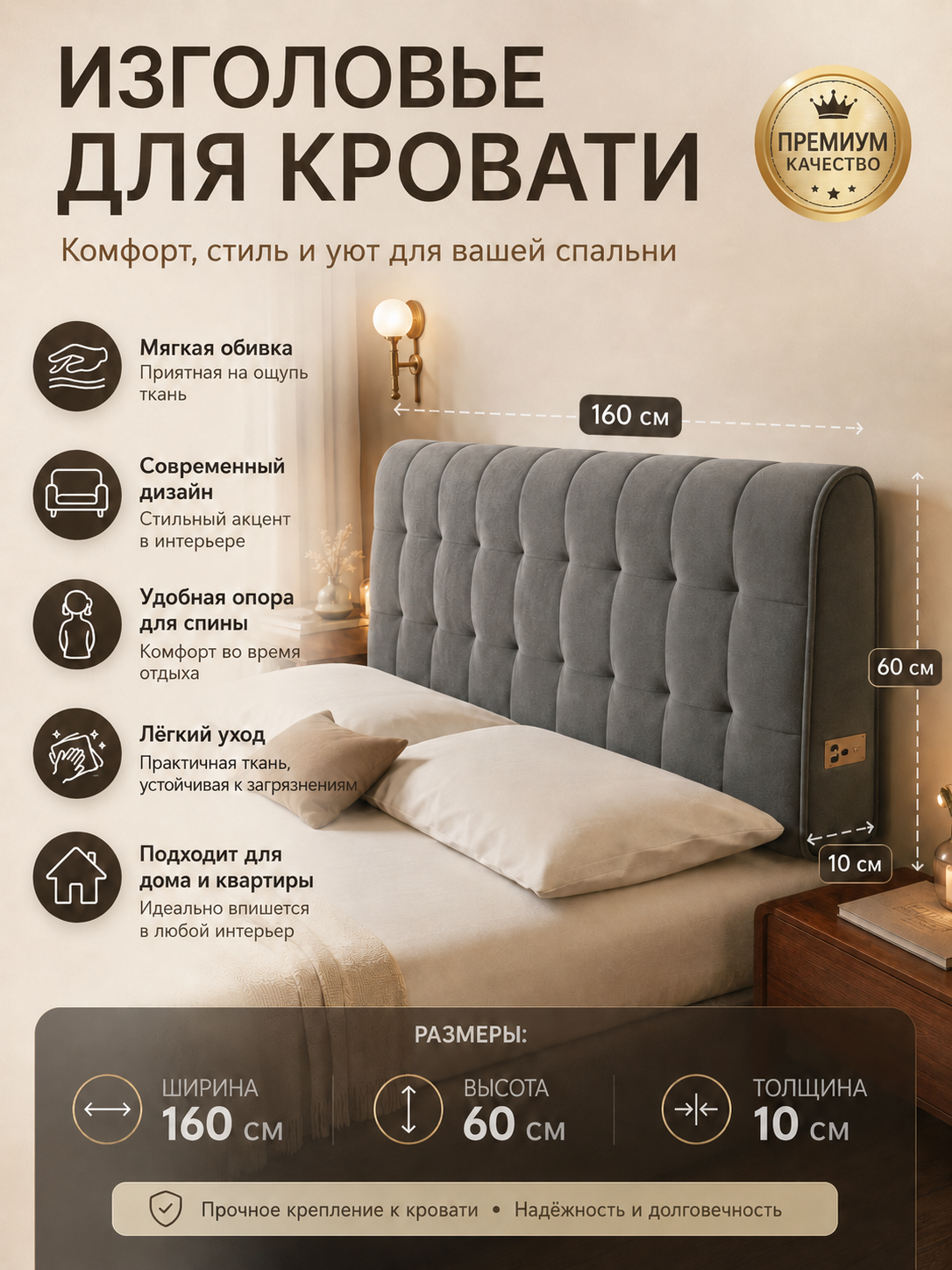 Изголовье для кровати, бархатное, губка, съемная наволочка, 160*60*10