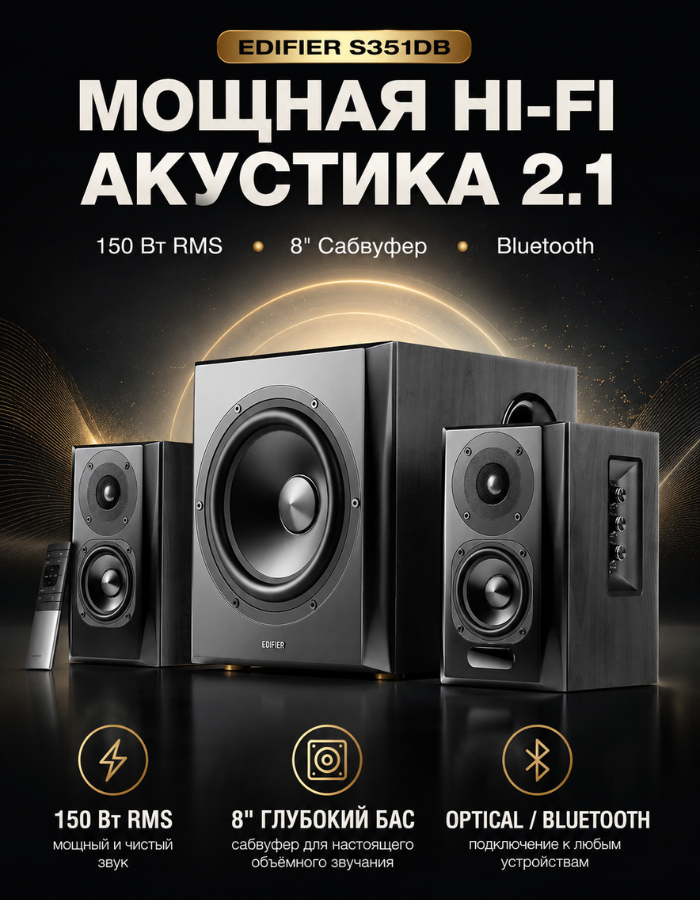 Акустика Edifier S351DB, 2.1, 150 Вт, пульт, BT, S/PDIF, Black