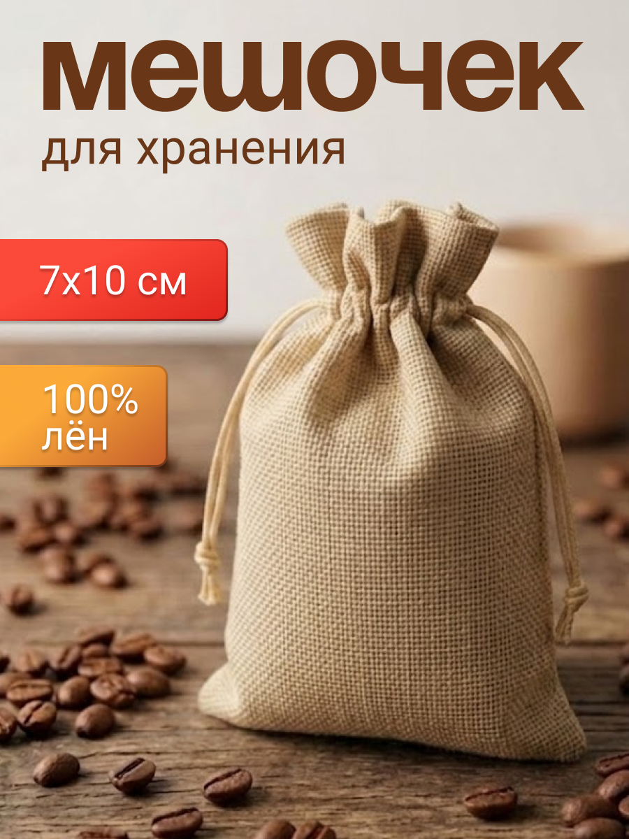 Мешочек из льна. Для подарков и хранения вещей. 7х10 см бежевый