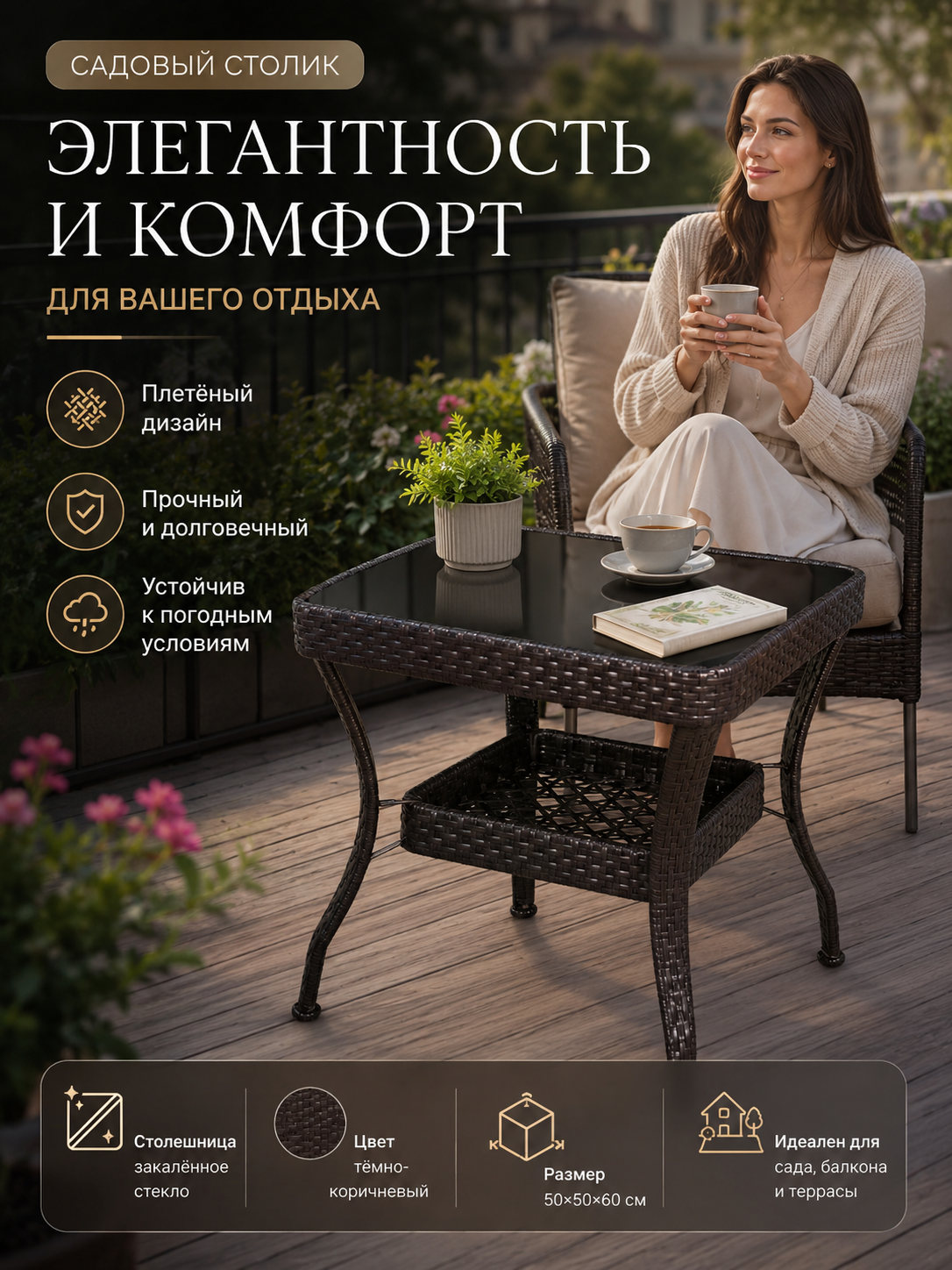 Садовый стол из закаленного стекла, 50×50×60 см, темно-коричневый, для дачи, балкона и террасы