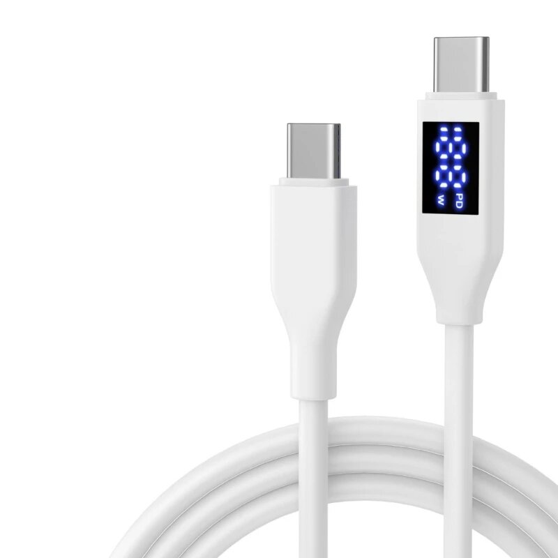 Кабель для быстрой зарядки Double Type C со светодиодным дисплеем, мощность 60 Вт, USB Белый, White