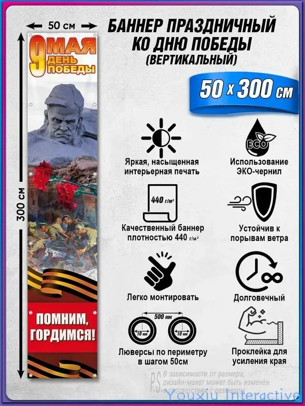 Баннер вертикальный на 9 мая / Растяжка ко Дню Победы / 0.5x3 м.