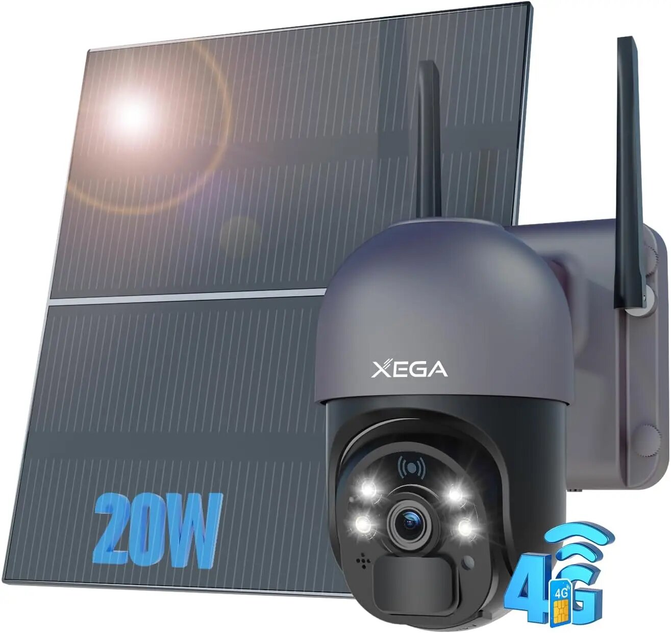 Камера наблюдения Xega 4G SIM с солнечной панелью 20W, батареей 20000mAh, 24-часовой записью, 2K цветной ночной видом, детекцией людей, IP-камера