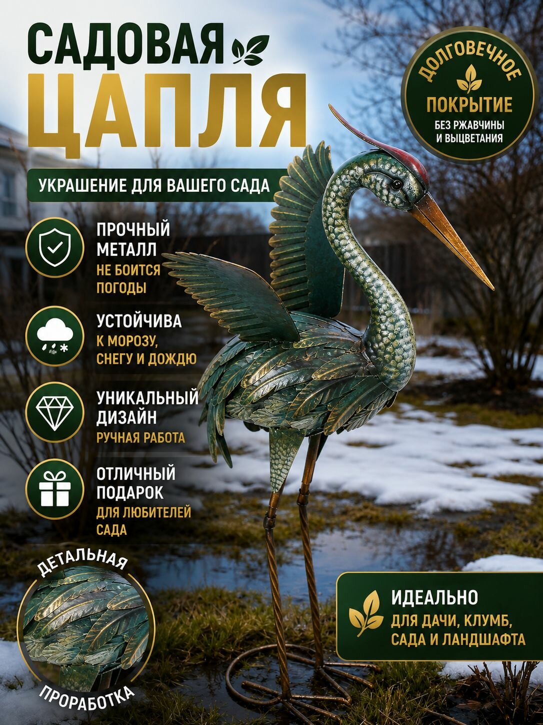 Фигурка цапли металлическая для сада, декоративная скульптура журавля на открытом воздухе, садовый декор, уличное украшение для дачи и участка
