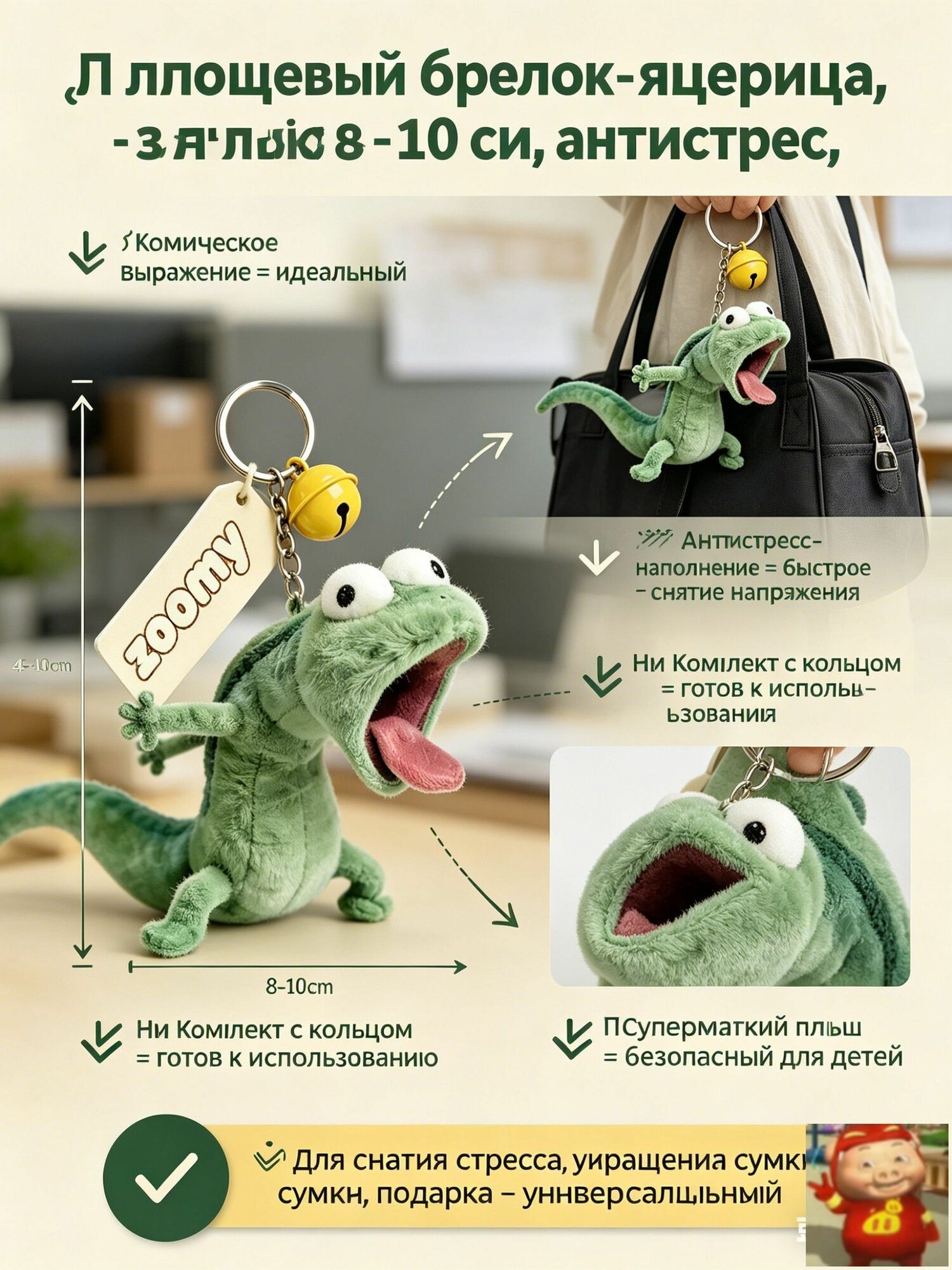 Плюшевый брелок-ящерица, мятно-зелёный, 8-10 см, антистресс - комическое выражение, супермягкий плюш, с колокольчиком - для снятия стресса,