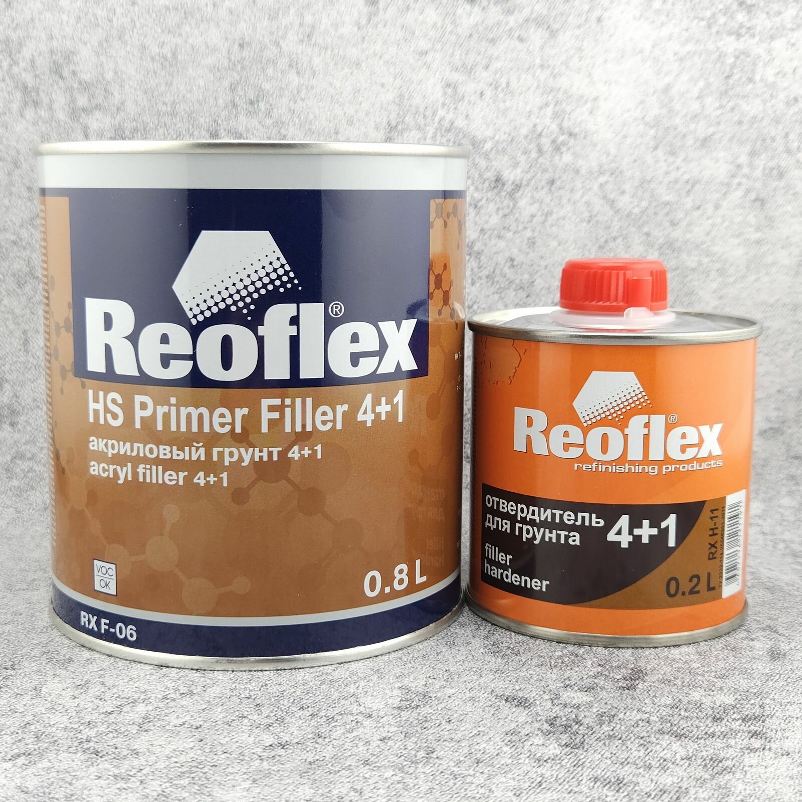 Грунт REOFLEX 2K HS Primer Filler 4+1 акриловый серый, комплект банка 0,8 л. + отвердитель 0,2 л, RX F-06