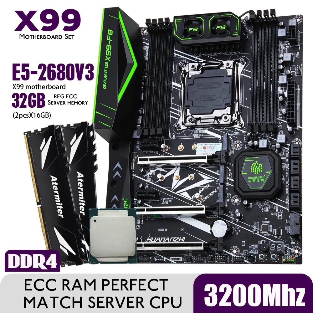 Комплект материнской платы Huanzhi X99 F8 X99 с процессором Xeon E5 2680v3 и 64 ГБ (2*32 ГБ) оперативной памяти DDR4 Reg ECC с частотой 3200 МГц