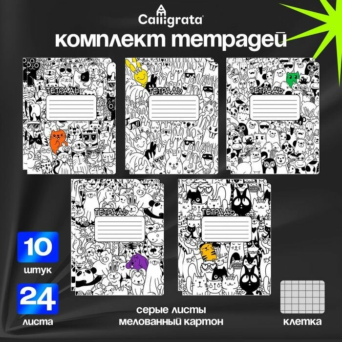 Комплект тетрадей из 10 штук, 24 листа в клетку Calligrata Животный Микс , обложка мелованный картон, ВД-лак, блок офсет, 5 видов по 2 штуки