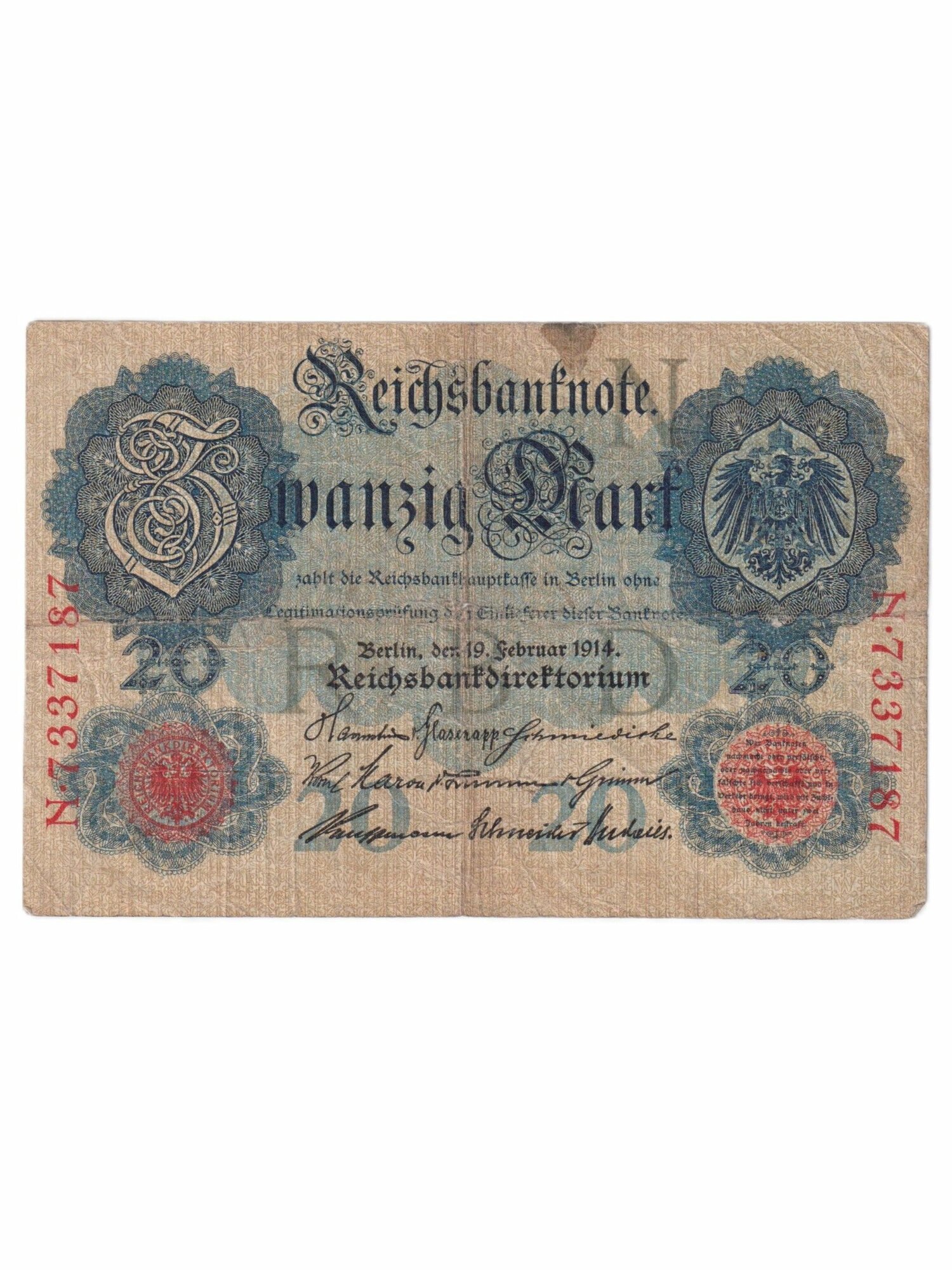 Подлинная банкнота 20 марок 1914 года Германия