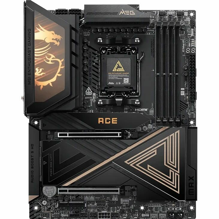 Материнская плата MSI MEG X870E ACE MAX, AM5, AMD X870E, 4xDDR5 (до 256 ГБ), 4xSATA, 5xM.2 (2xPCIe 5.0, 3xPCIe 4.0), 2xPCIe 5.0 x16, 1xPCIe x4